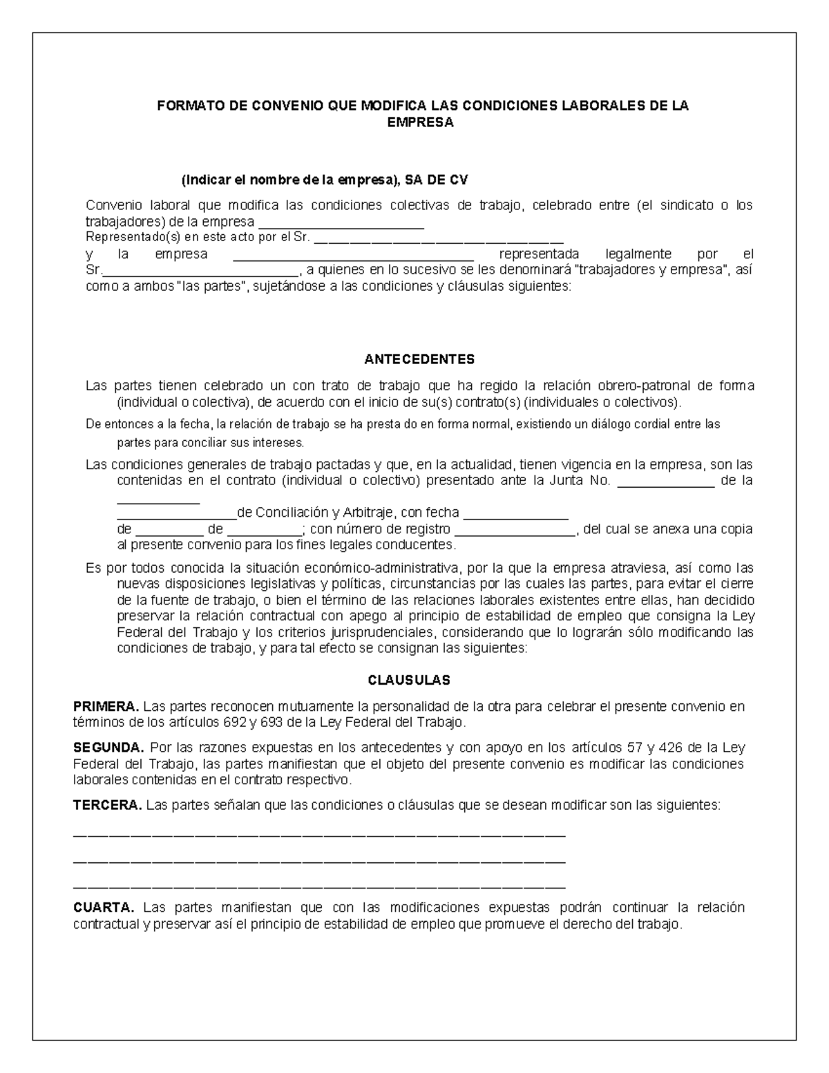FORMATO DE CONDICIONES DE CONVENIO LABORALESDE UNA EMPRESA - FORMATO DE CONVENIO QUE MODIFICA ...