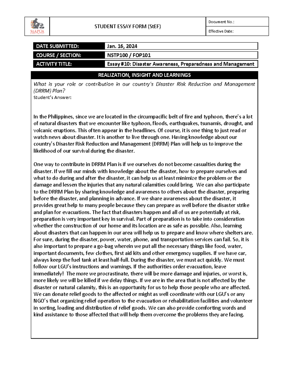 Villarin JB-NSTP100-FOP101-E10 - STUDENT ESSAY FORM (StEF) Document No ...