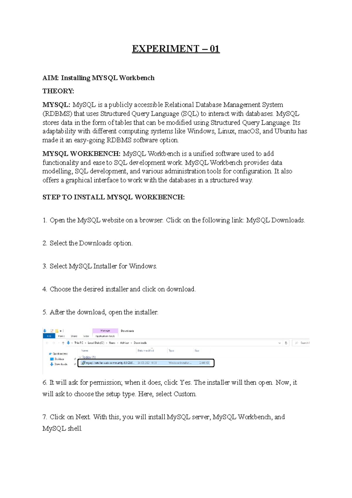 Dbms Practical 1 Experiment 01 Aim Installing Mysql Workbench Theory Mysql Mysql Is A