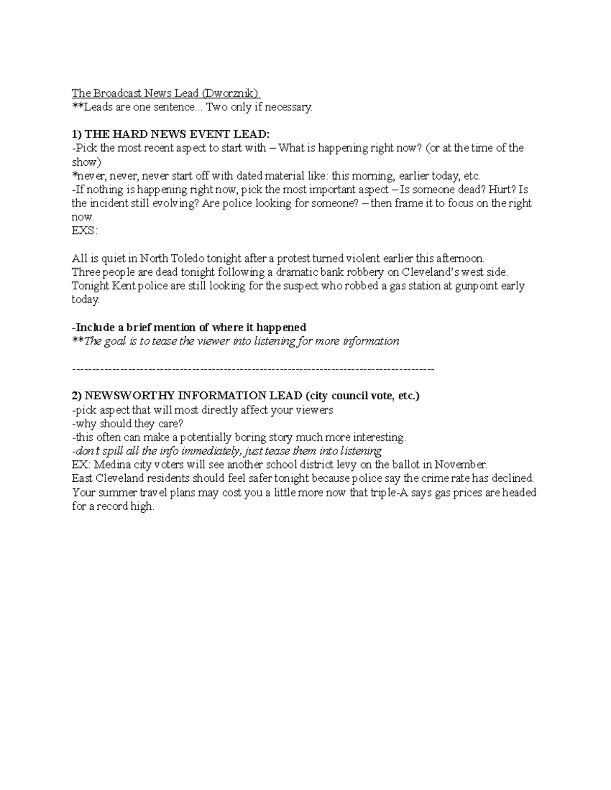 Broadcast Leads - examples - The Broadcast News Lead (Dworznik) **Leads ...