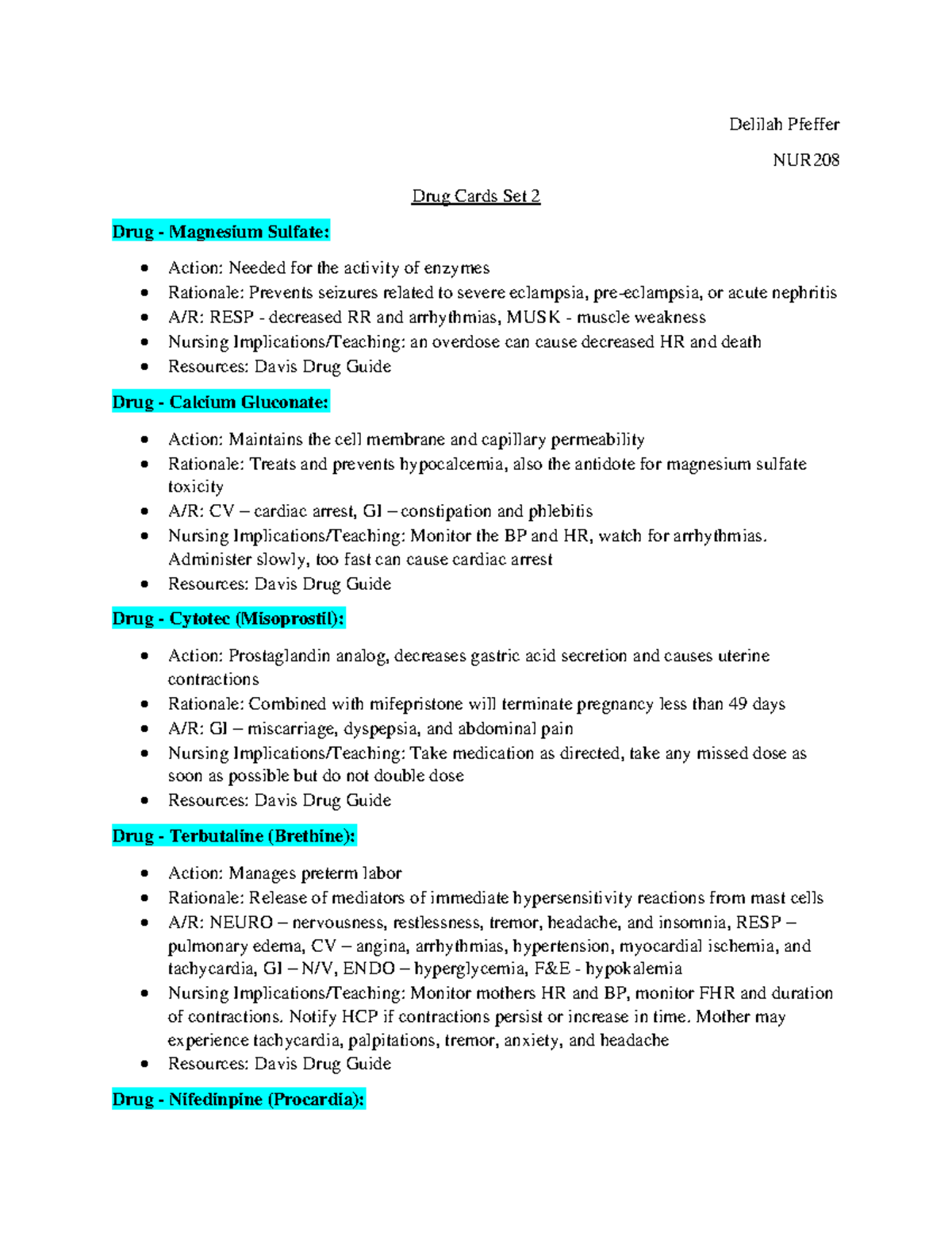 Drug Cards 208 - Delilah Pfeffer NUR Drug Cards Set 2 Drug - Magnesium ...