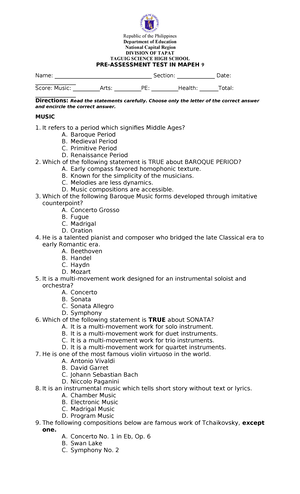 Mapeh Reviewer for G10 - Reviewer in MAPEH 10 3 r d Quarter MUSIC 20 th ...