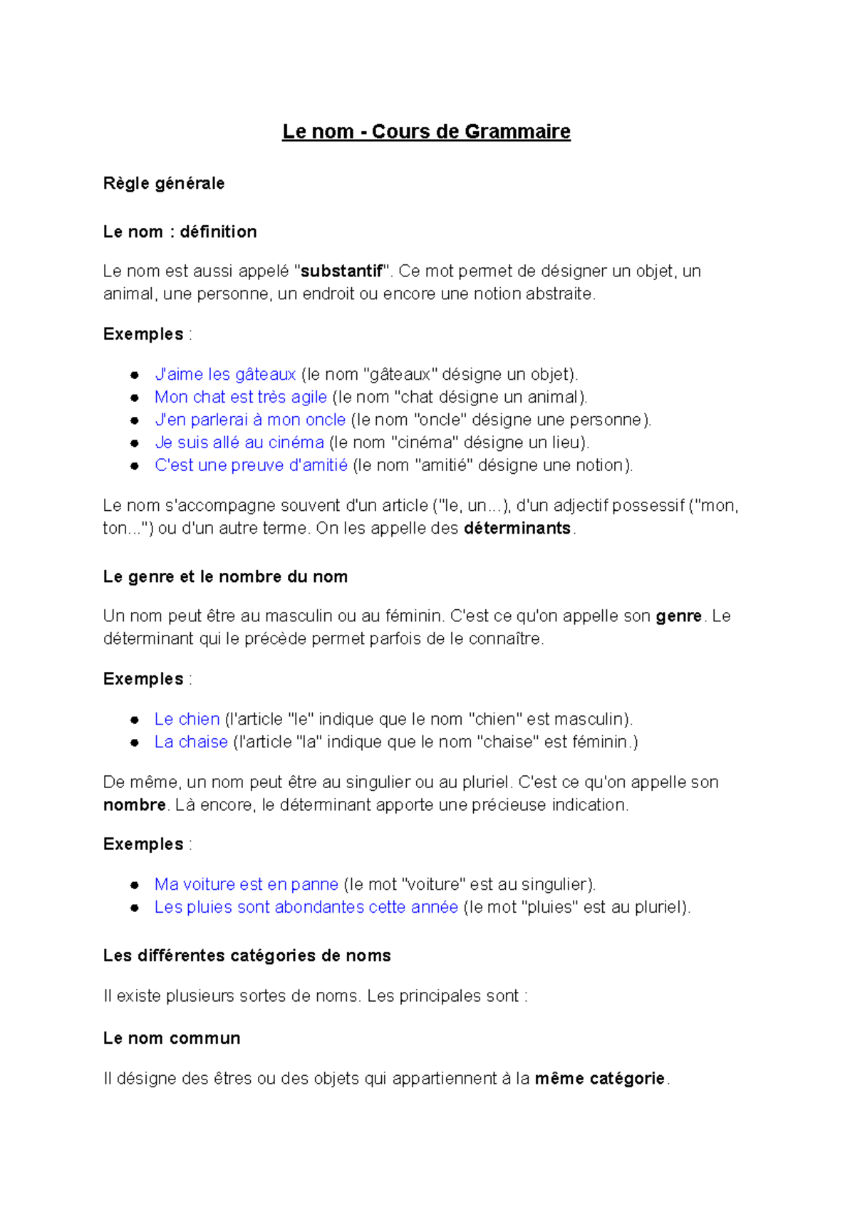 Le nom Cours de Grammaire - Le nom - Cours de Grammaire Règle générale ...