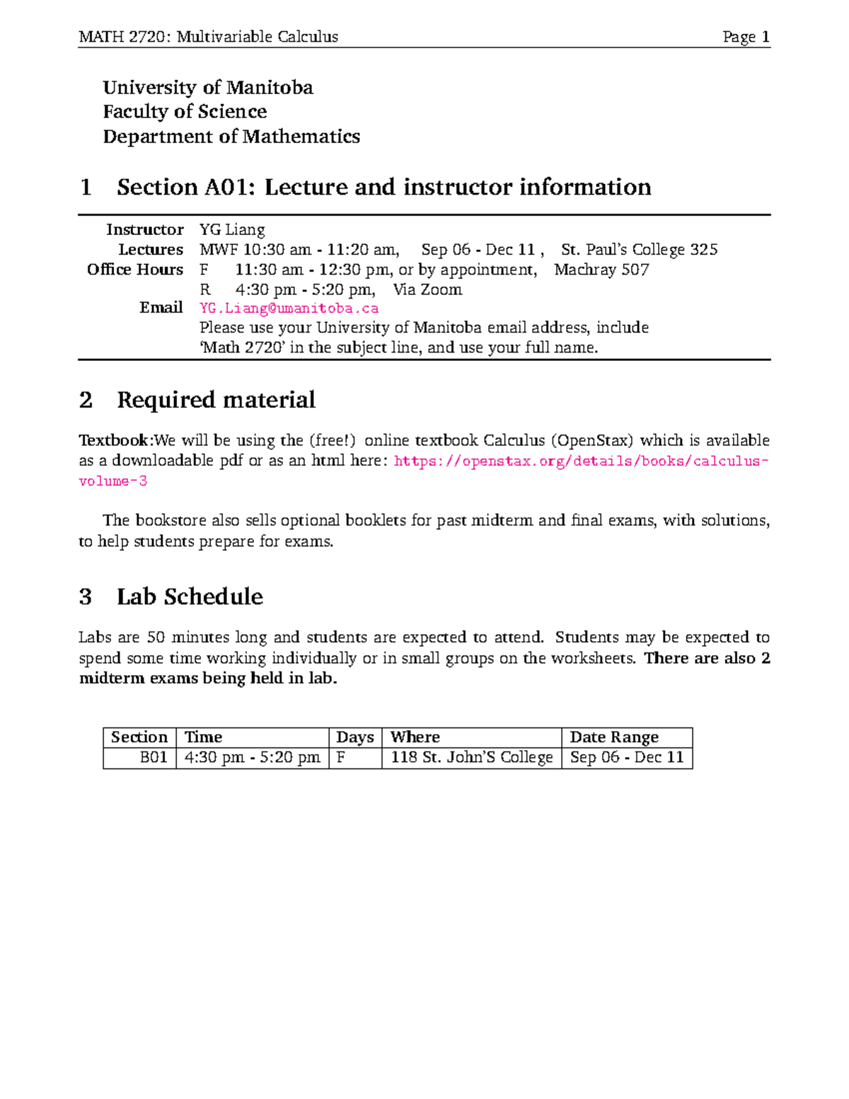 Math 2720 Course Outline Updated - University of Manitoba Faculty of Science Department of - Studocu