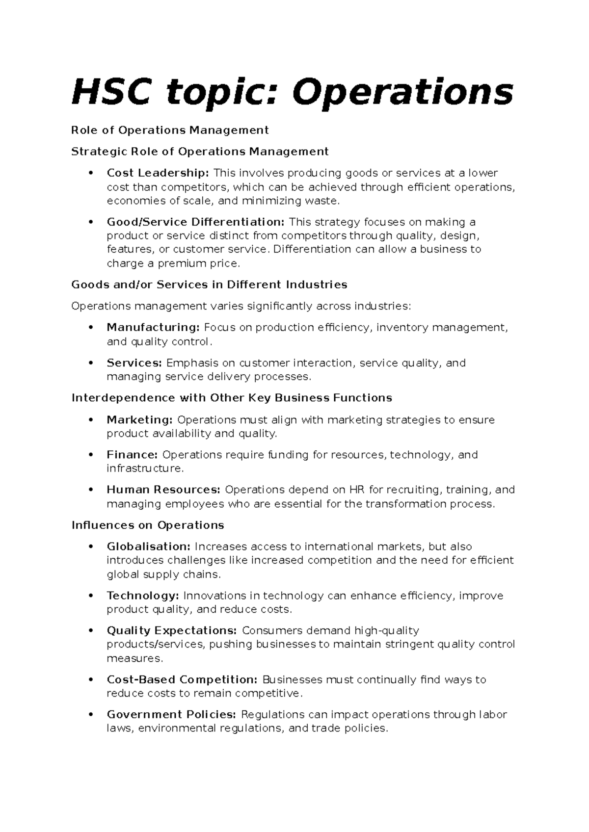 Business sylabbus - quick recap of topics - HSC topic: Operations Role ...