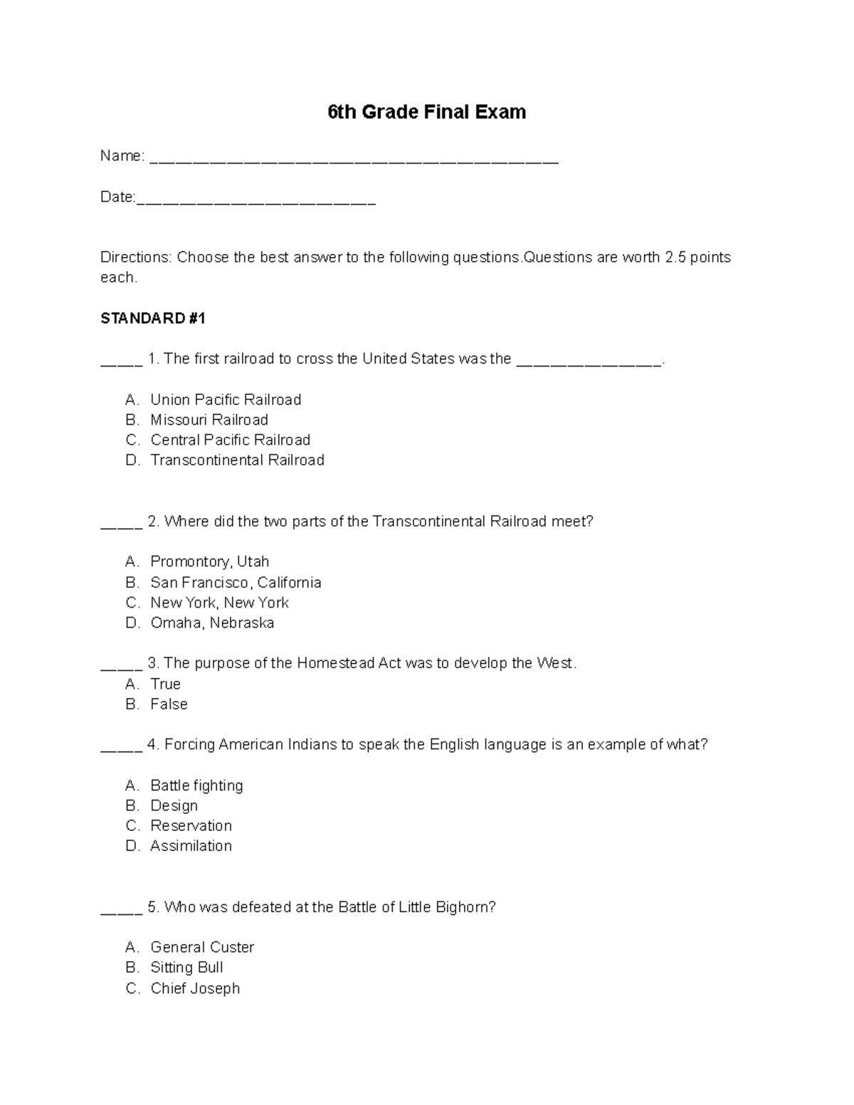 6th Grade Final Exam - United States History Multiple Choice Exam - 6th ...