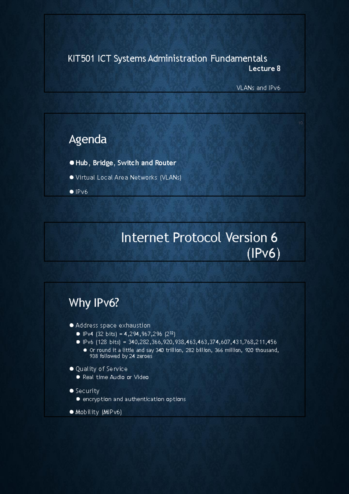 KIT501 lecture 8 note 3 - KIT501 ICT Systems Administration Fundamentals Lecture 8 VLANsandIPv ...