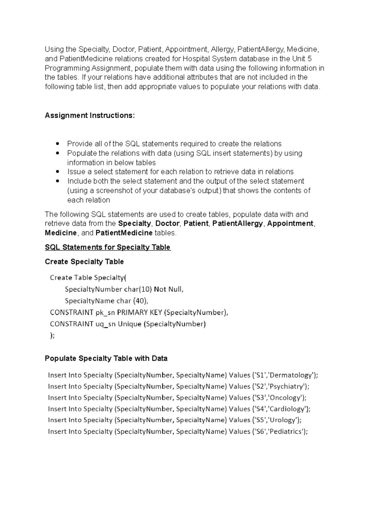 Programming Assignment Unit 7 - Using the Specialty, Doctor, Patient ...