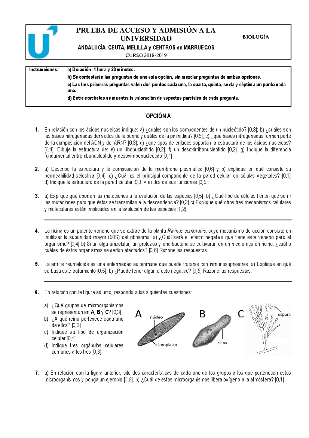 Ex menes Biolog¡a - A y B - PRUEBA DE ACCESO Y ADMISIÓN A LA UNIVERSIDAD ANDALUCÍA, CEUTA ...