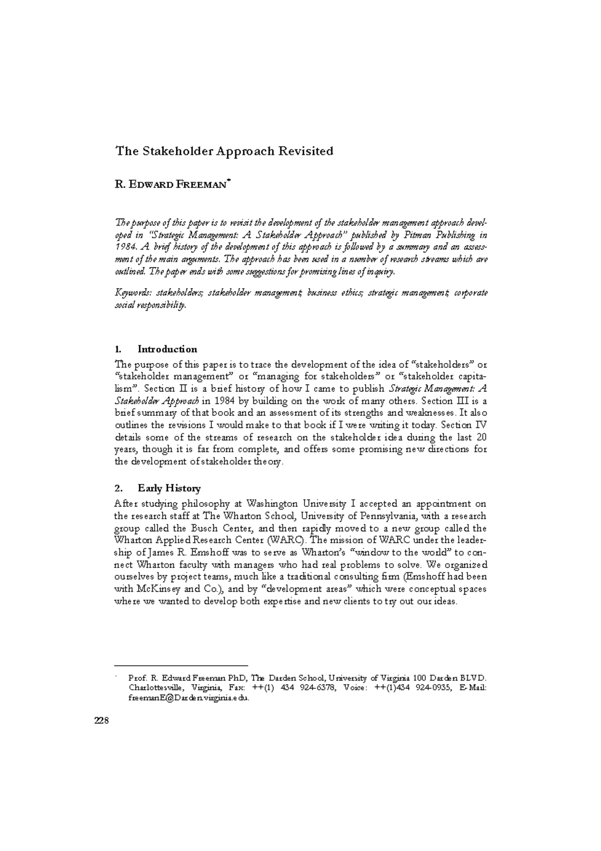 Freeman 2004 - Copy - notes - 228 The Stakeholder Approach Revisited R ...