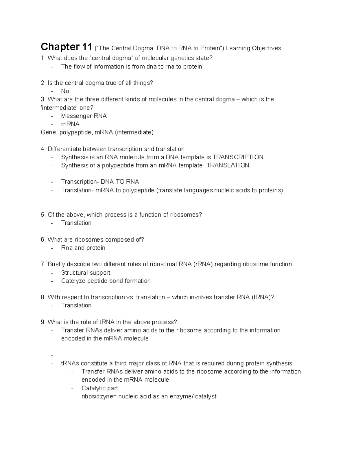 Chapter 11 (“The Central Dogma DNA to RNA to Protein”)Bio230 Learning ...