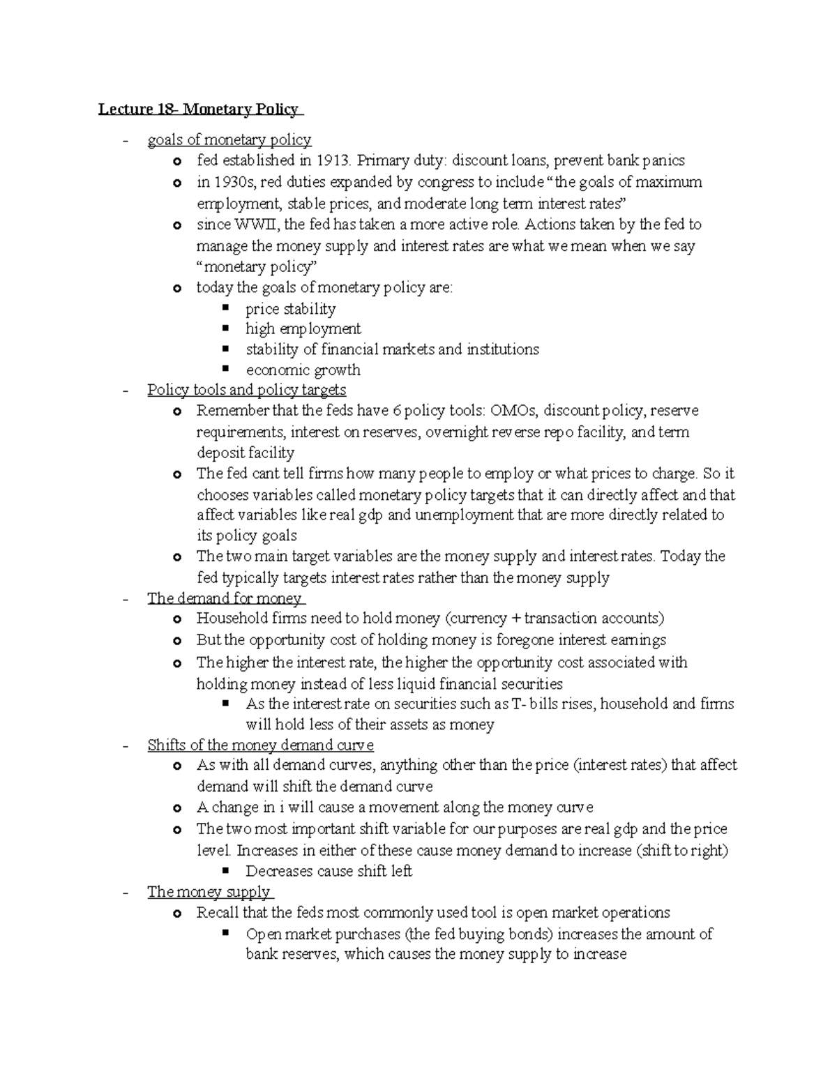 Lecture 18 monetary policy - Lecture 18- Monetary Policy goals of ...