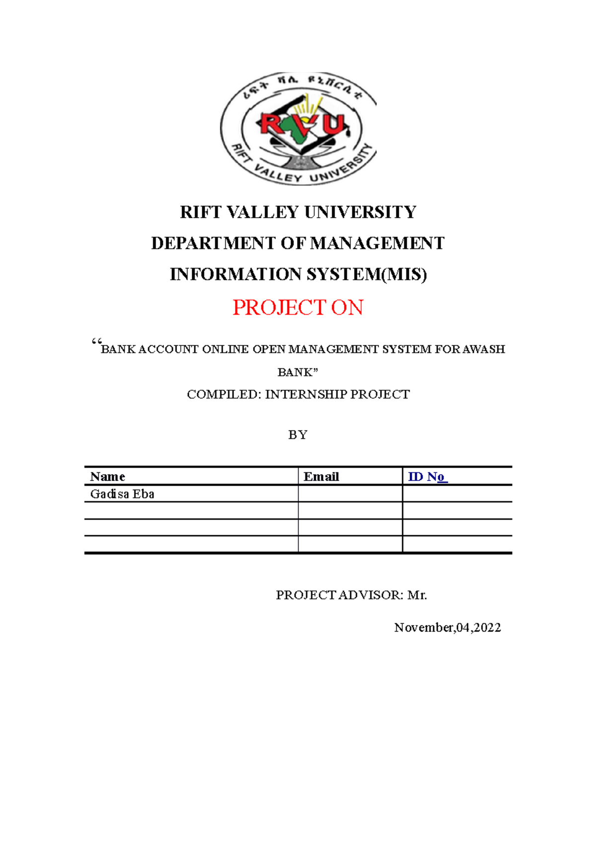 Dareedocx - bdhdh - RIFT VALLEY UNIVERSITY DEPARTMENT OF MANAGEMENT ...