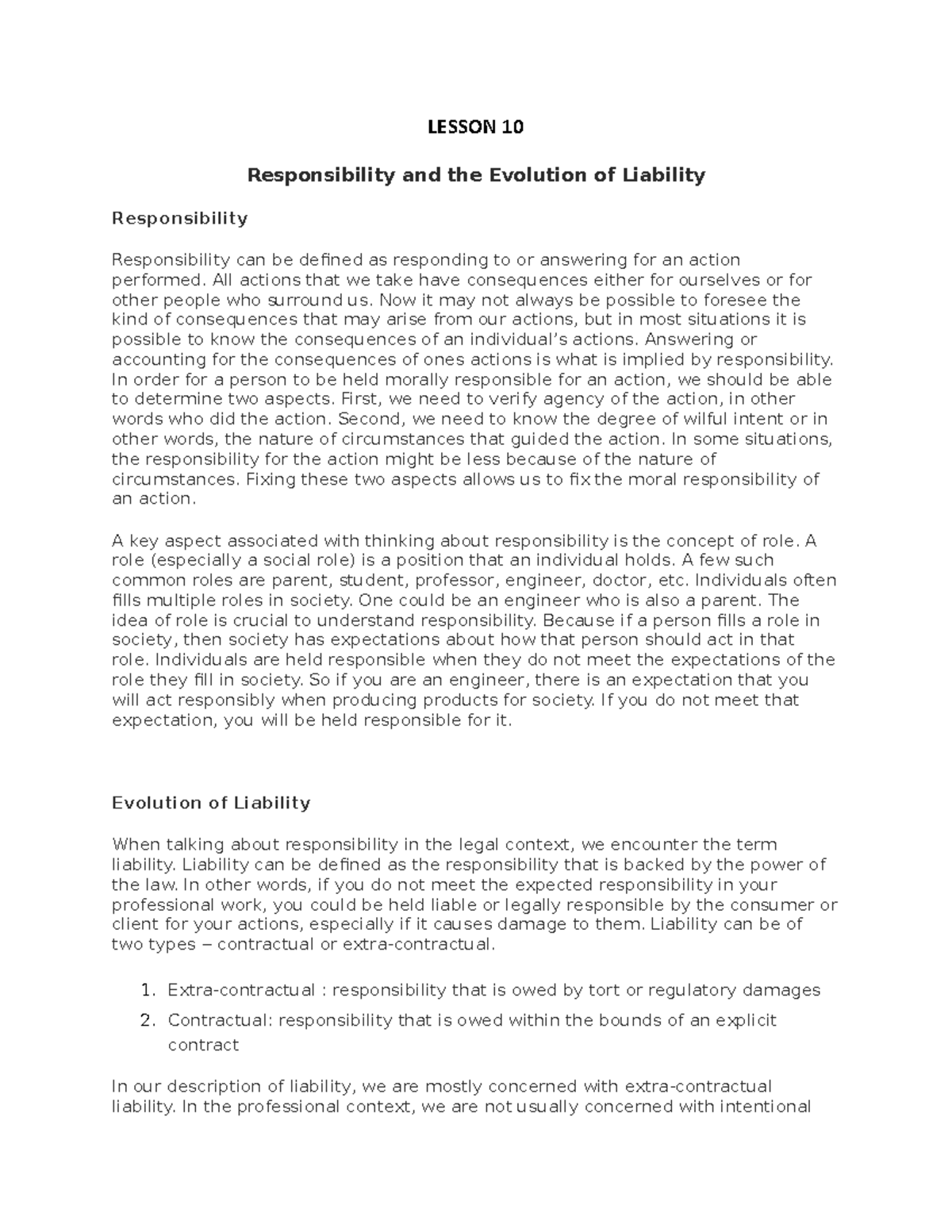 Lesson 10 - LESSON 10 Responsibility and the Evolution of Liability ...