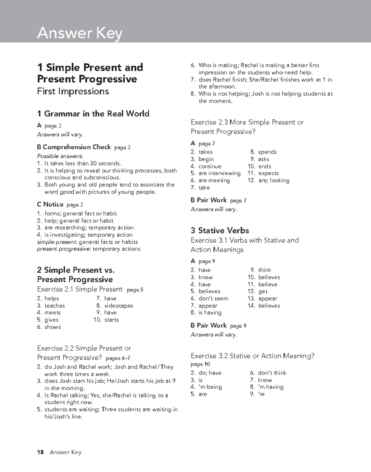 GB3 Answer Key - Answer Key 1 Simple Present and Present Progressive ...