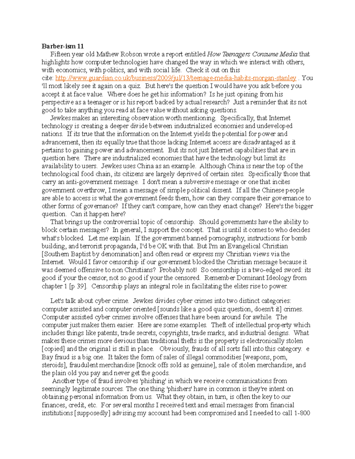 Barber-ism11 - notes - 11 Fifteen year old Mathew Robson wrote a report ...