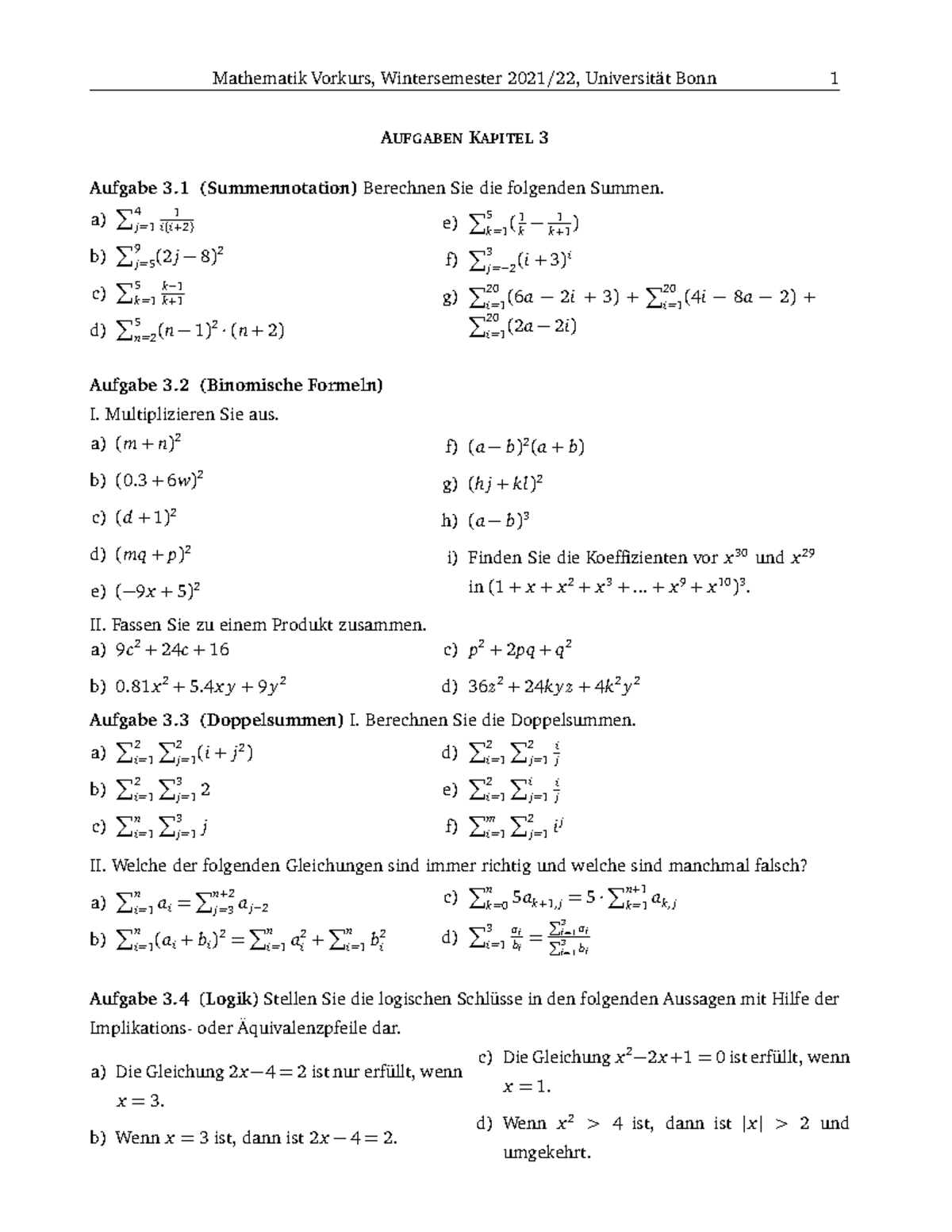 Aufgabenblatt Kapitel 3 - Mathematik Vorkurs, Wintersemester 2021/22 ...
