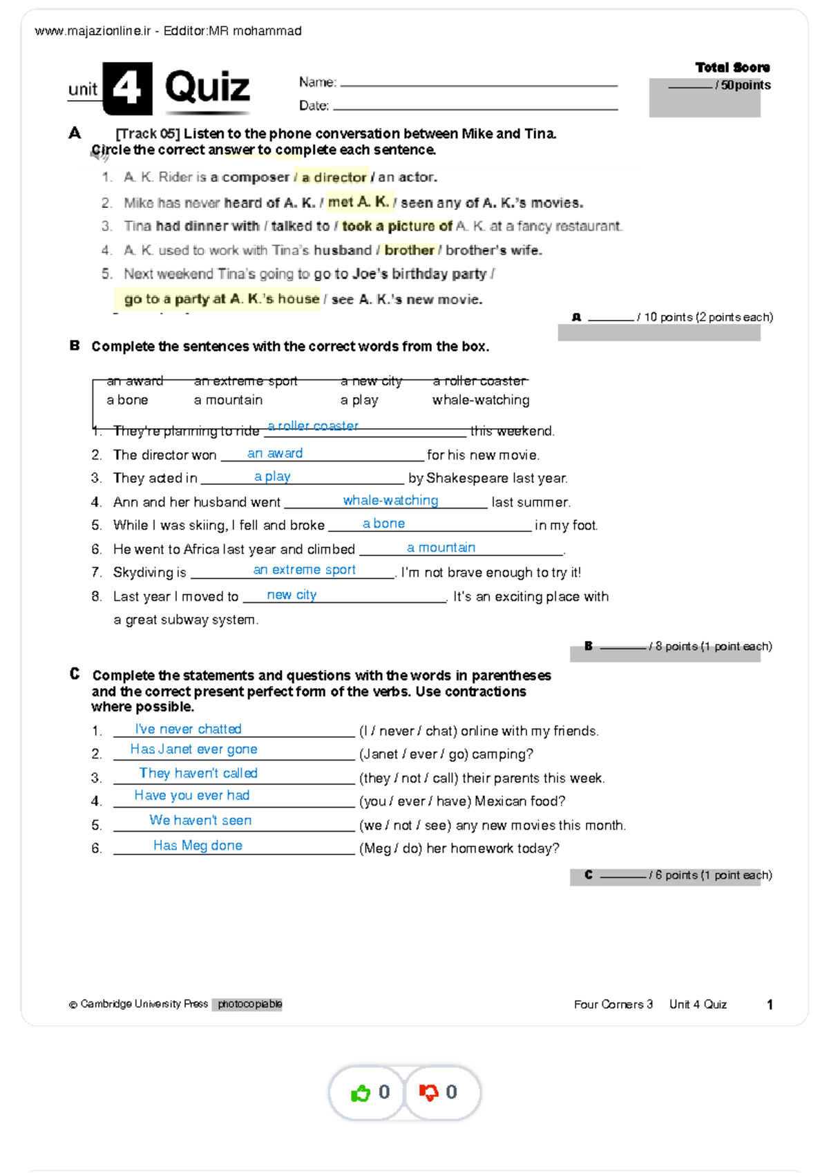 Unidad 4 Ingles prueba - Cambridge University Press photocopiable Four ...