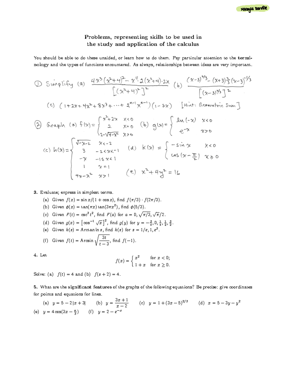 Math111 Quiz 1 Precalculus Review 1a 2c 3c 3e 6d 6e 9f 11 12 20b 20c 24 Problems
