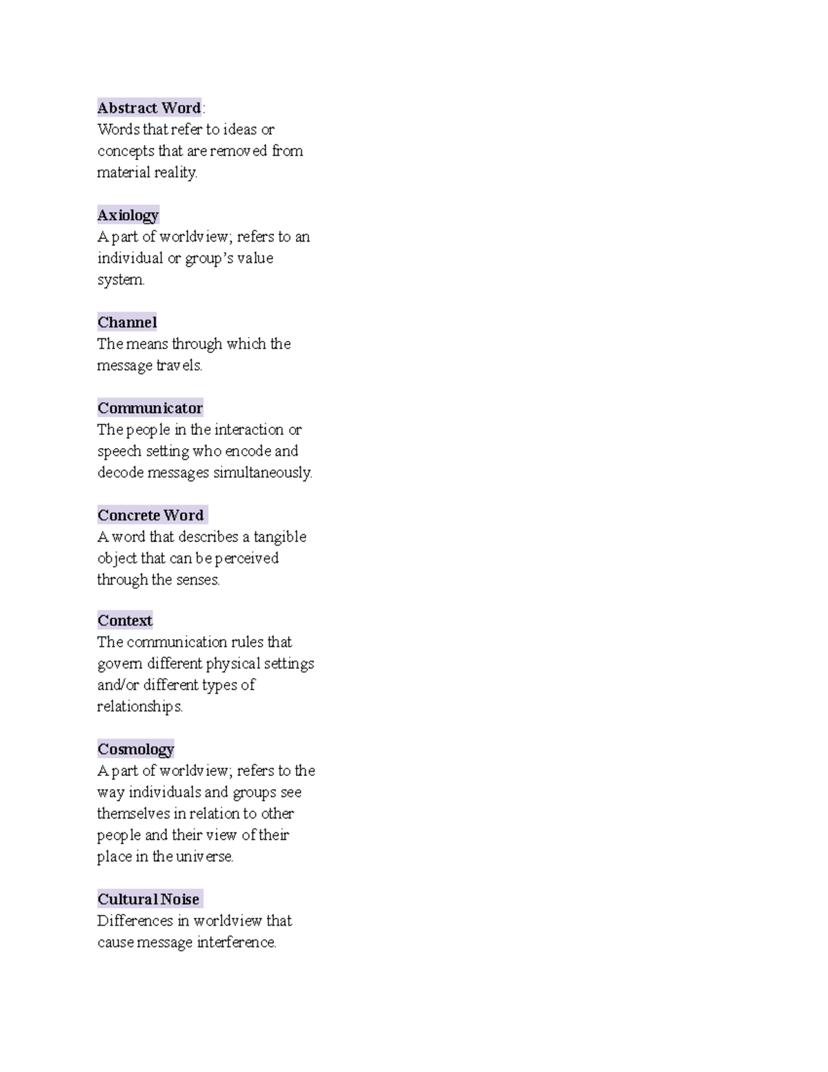 Ch 1 Key Terms - Abstract Word: Words that refer to ideas or concepts ...