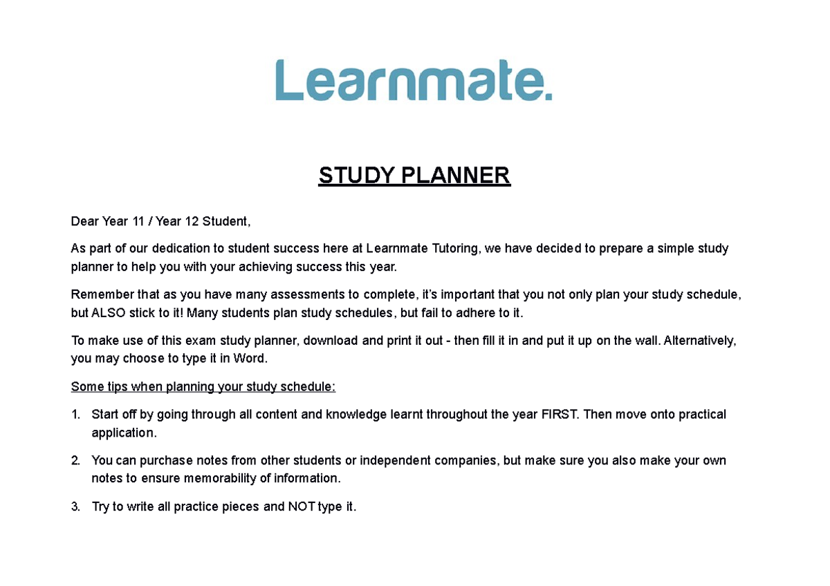 Study plan template 04 - STUDY PLANNER Dear Year 11 / Year 12 Student ...