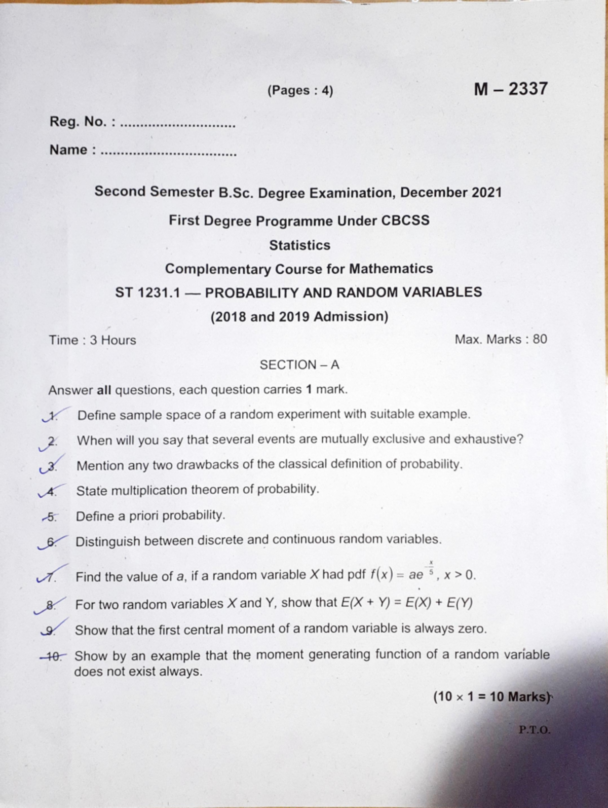 Statistics sem 2 bsc maths improvement question paper - (Pages:4) M ...