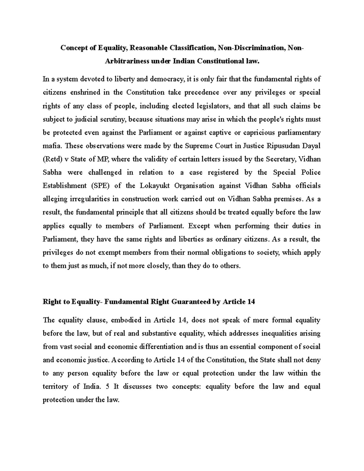 Concept of Equality, Reasonable Classification, Non-Discrimination, Non ...