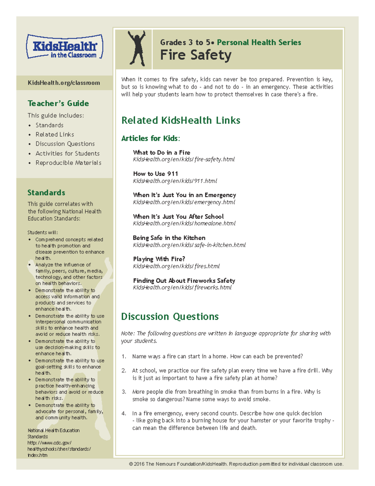 Fire safety - KidsHealth/classroom Grades 3 to 5• Personal Health ...