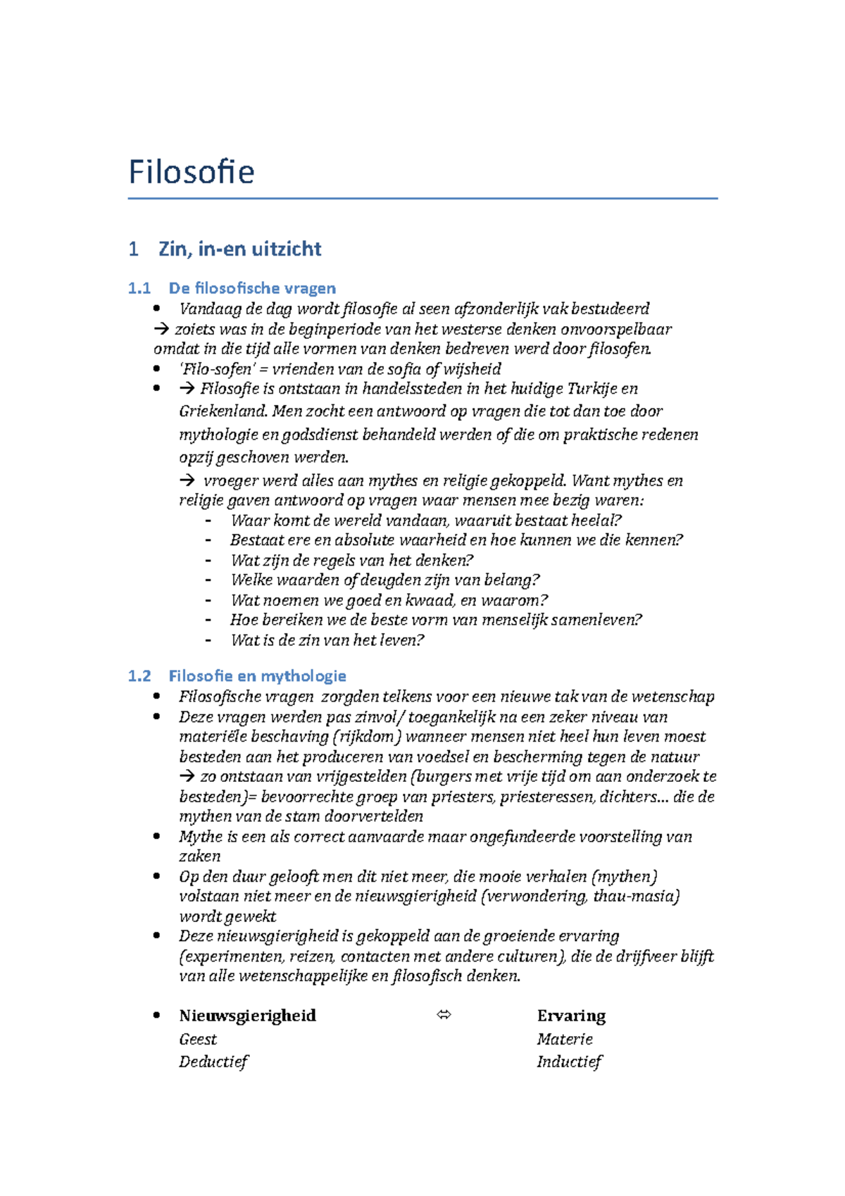 Filosofie Samenvatting - Filosofie 1 Zin, uitzicht 1 De filosofische ...