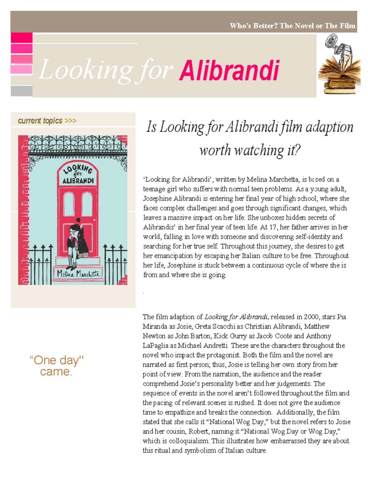 English Novel Study - Looking for Alibrandi - Issue Is Looking for ...