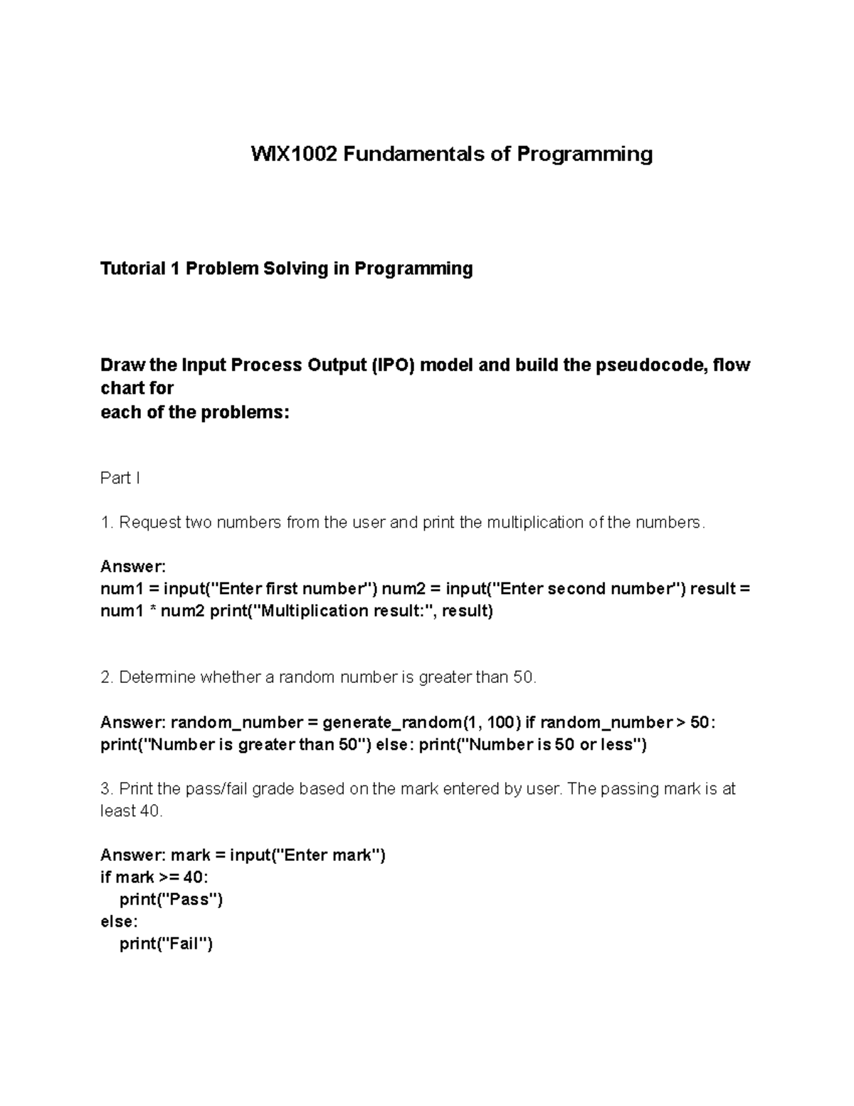 WIX1002 T1 Submission - WIX1002 Fundamentals of Programming Tutorial 1 Problem Solving in - Studocu