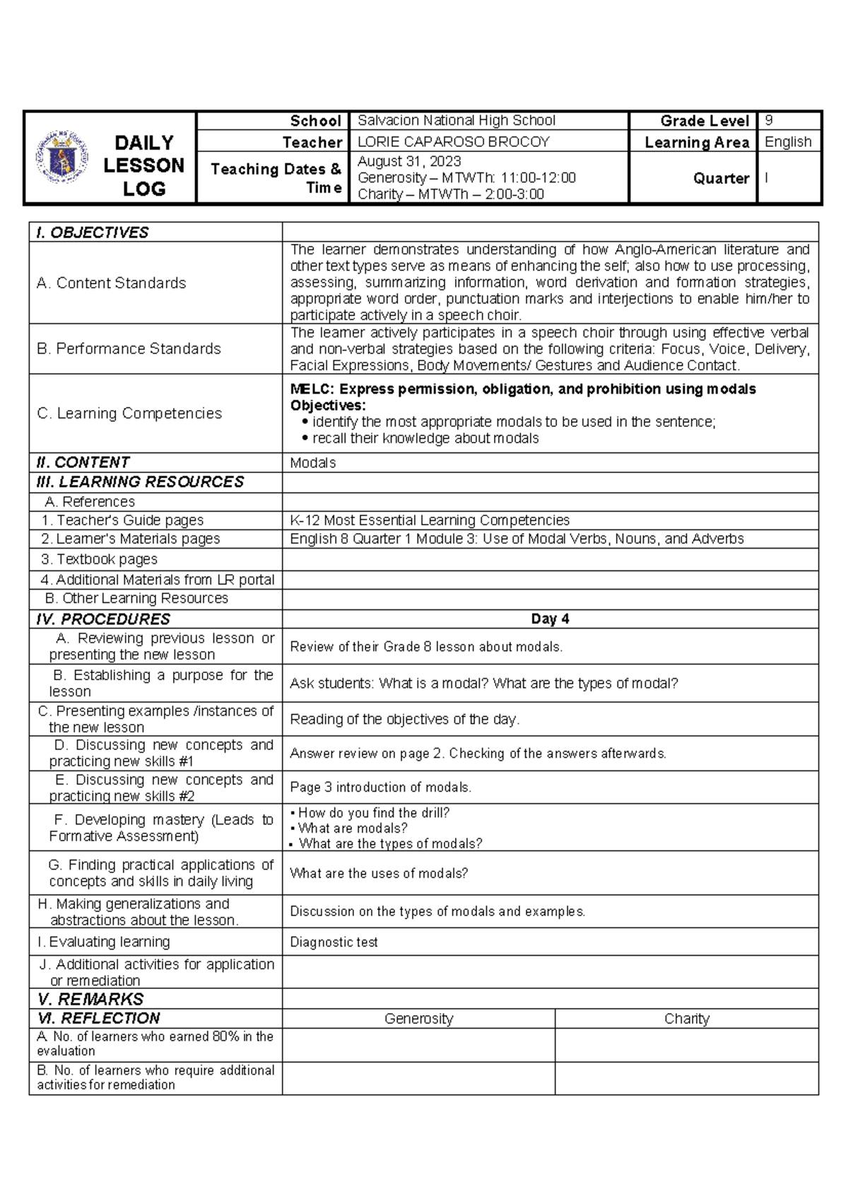 Q1D1 English 9 - lesson plan - DAILY LESSON LOG School Salvacion ...