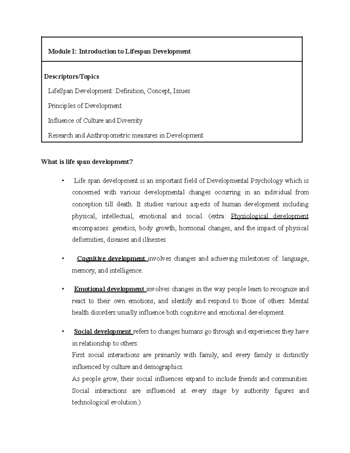Module I Life span development Intro - Module I: Introduction to ...