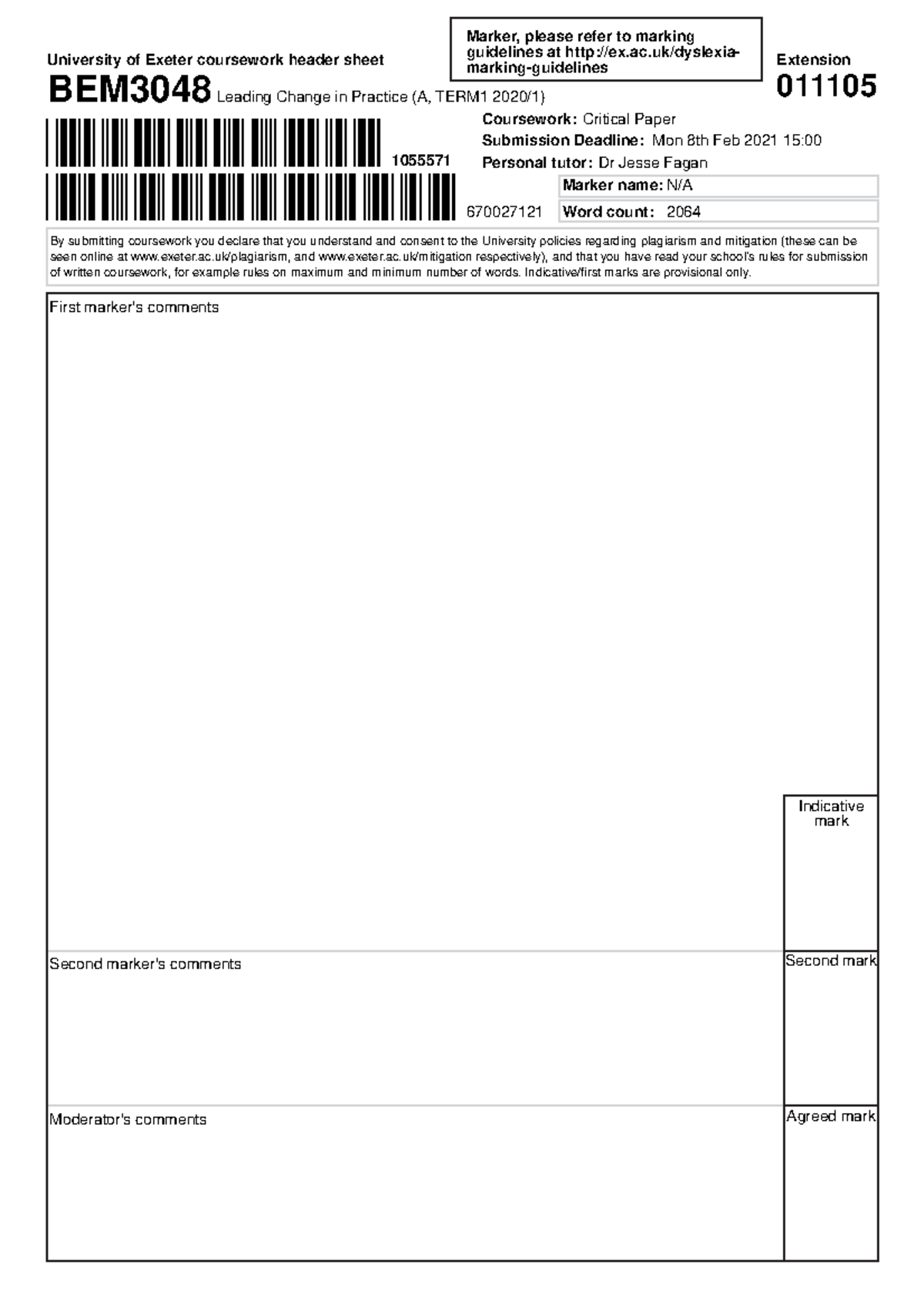 Example essay 52 - University of Exeter coursework header sheet ...