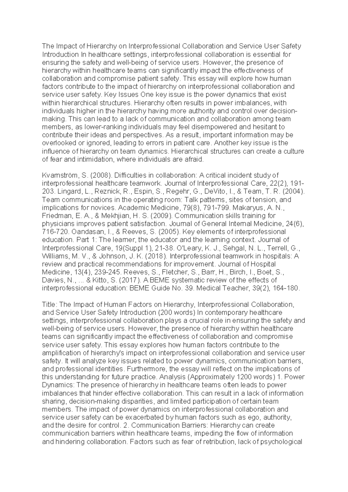 The Impact of Hierarchy on Interprofessional Collaboration and Service ...