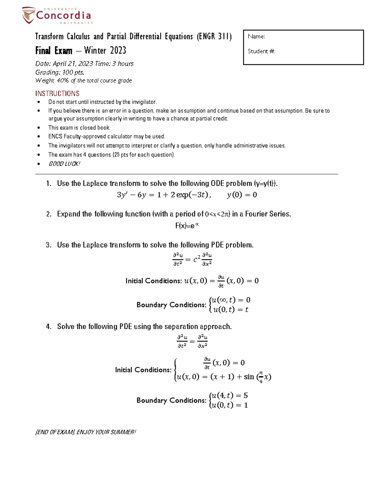 Final-Solution - Solution - Transform Calculus and Partial Differential Equations (ENGR 311 ...