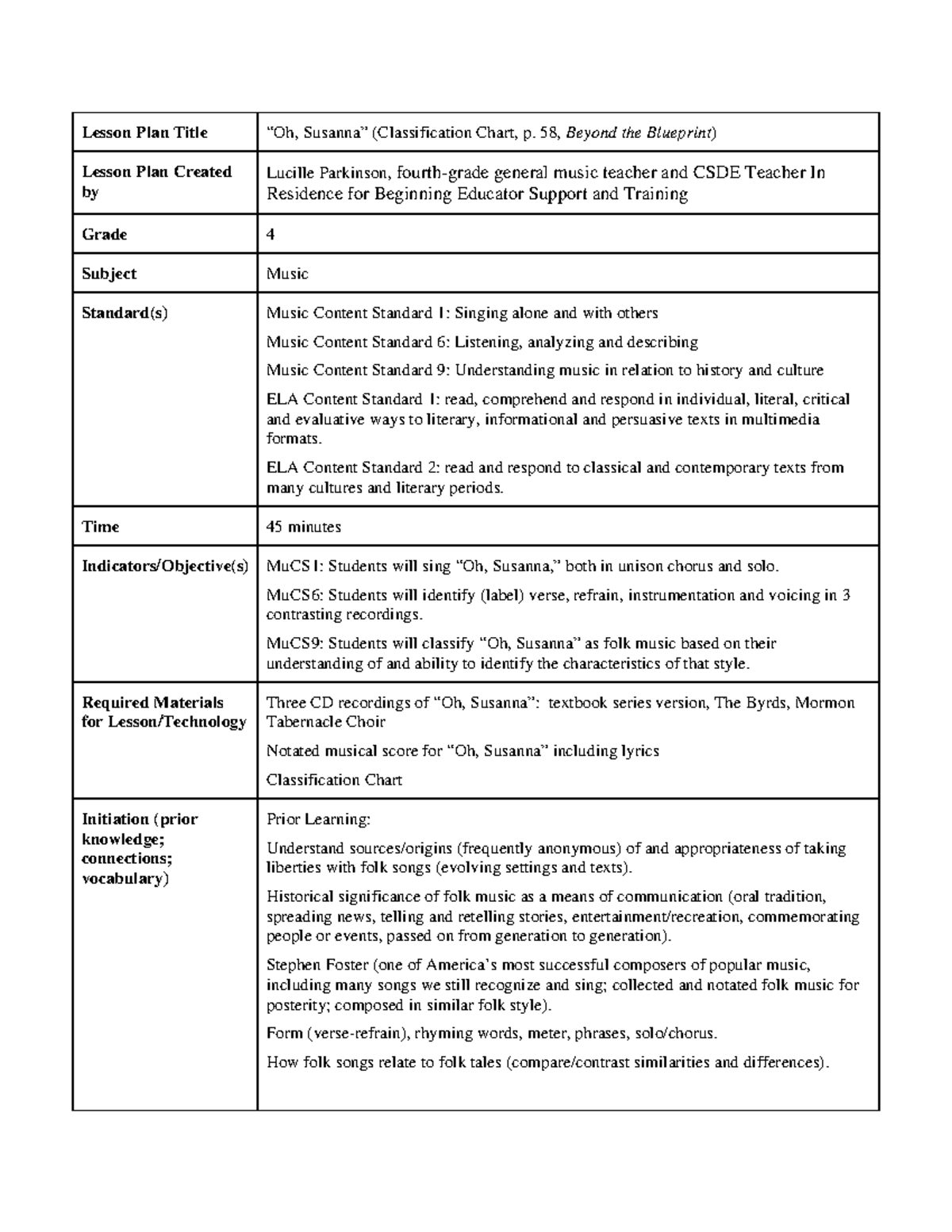Elementary Music Lesson Plan Free PDF Template - Lesson Plan Title “Oh ...
