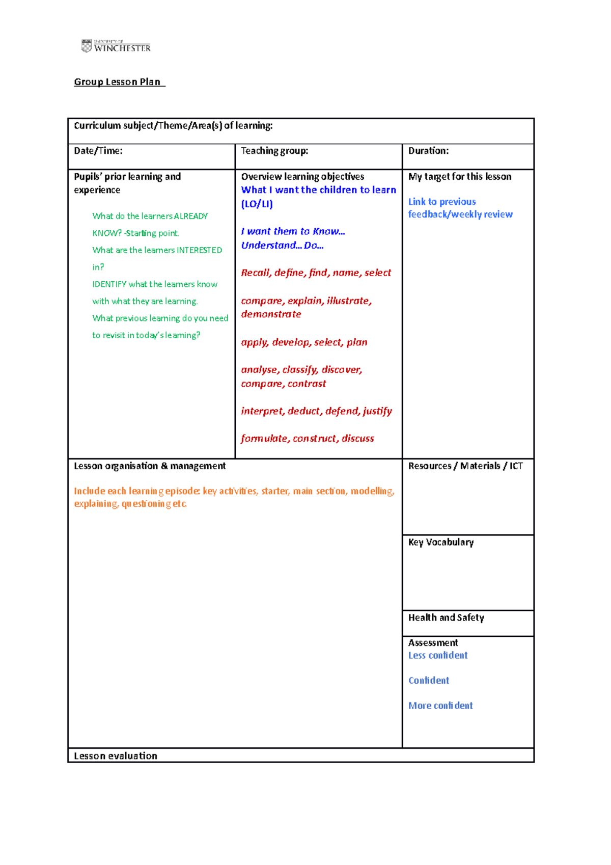 Blank lesson plan - Group Lesson Plan Curriculum subject/Theme/Area(s ...