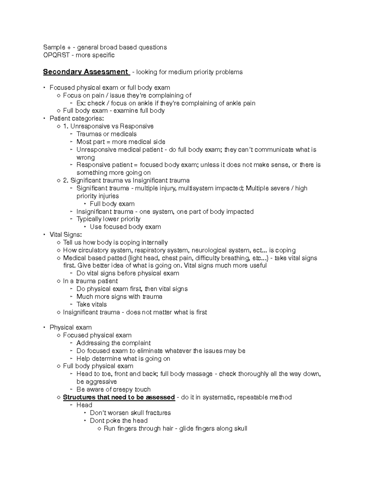 Full Body Assessment - Sample + - general broad based questions OPQRST ...