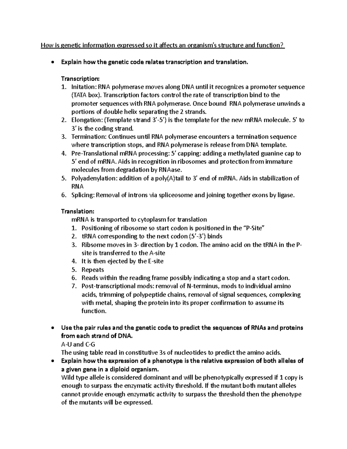 Unit 1 LO - Genetics - Learning Objectives for lecture 1 - BIO2133 ...