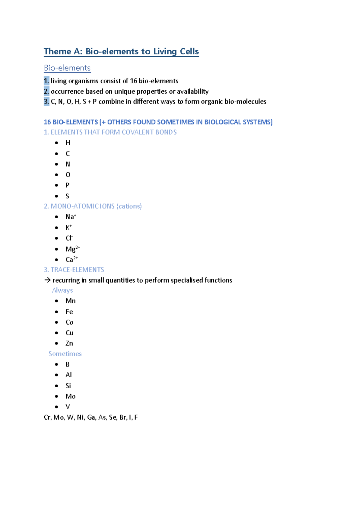 Bio-elements to Living Cells - Theme A: Bio-elements to Living Cells ...