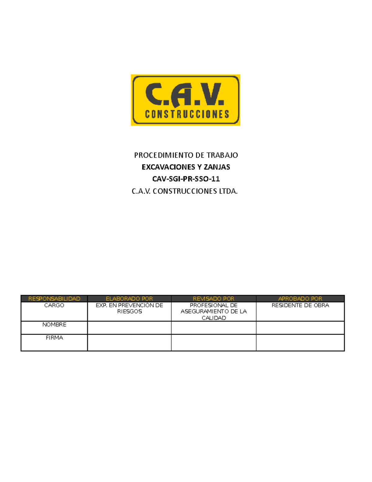 CAV-SGI-PR-SSO-11 Excavaciones Y Zanjas - PROCEDIMIENTO DE TRABAJO ...