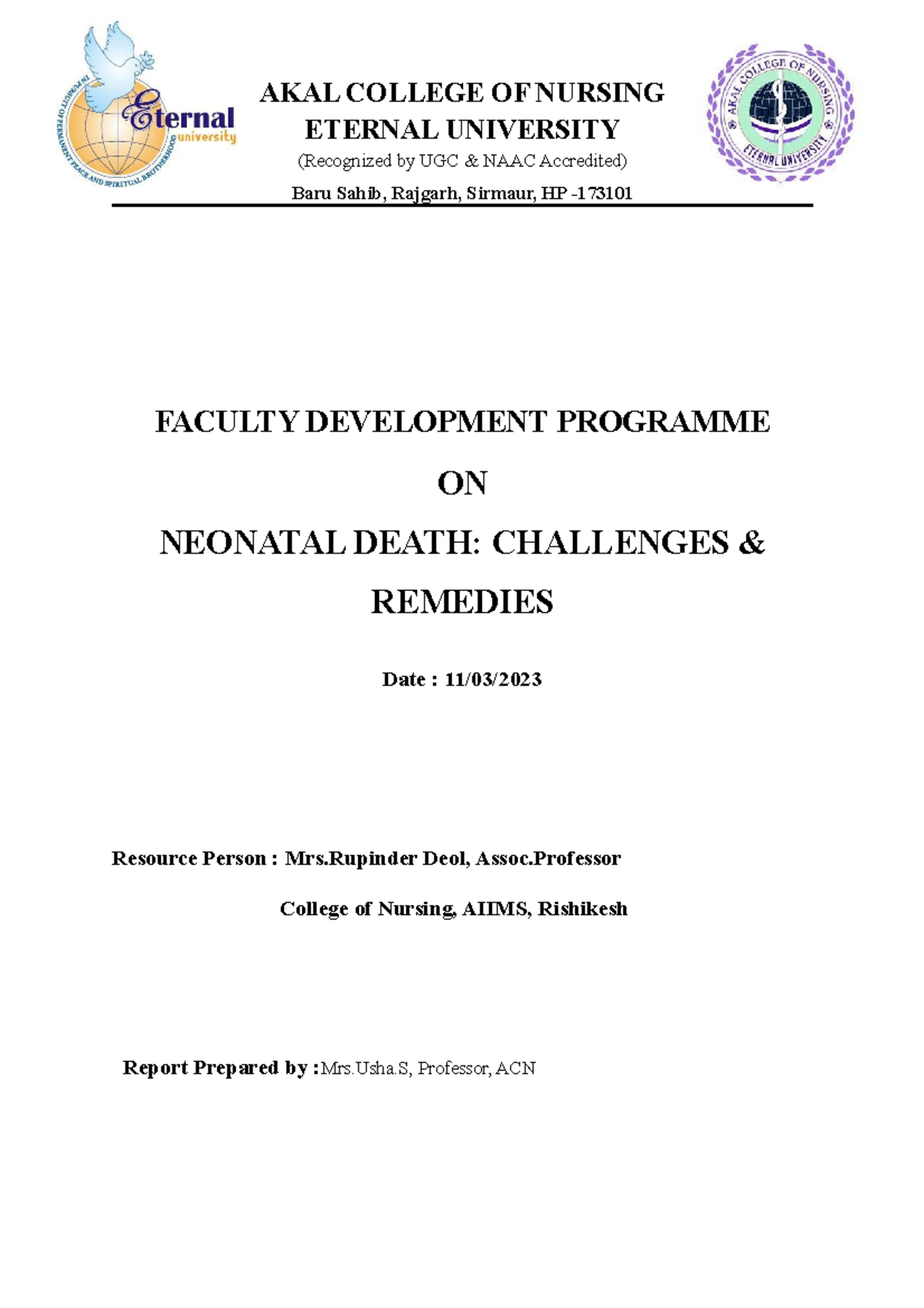 FDP report - Mrs - AKAL COLLEGE OF NURSING ETERNAL UNIVERSITY ...