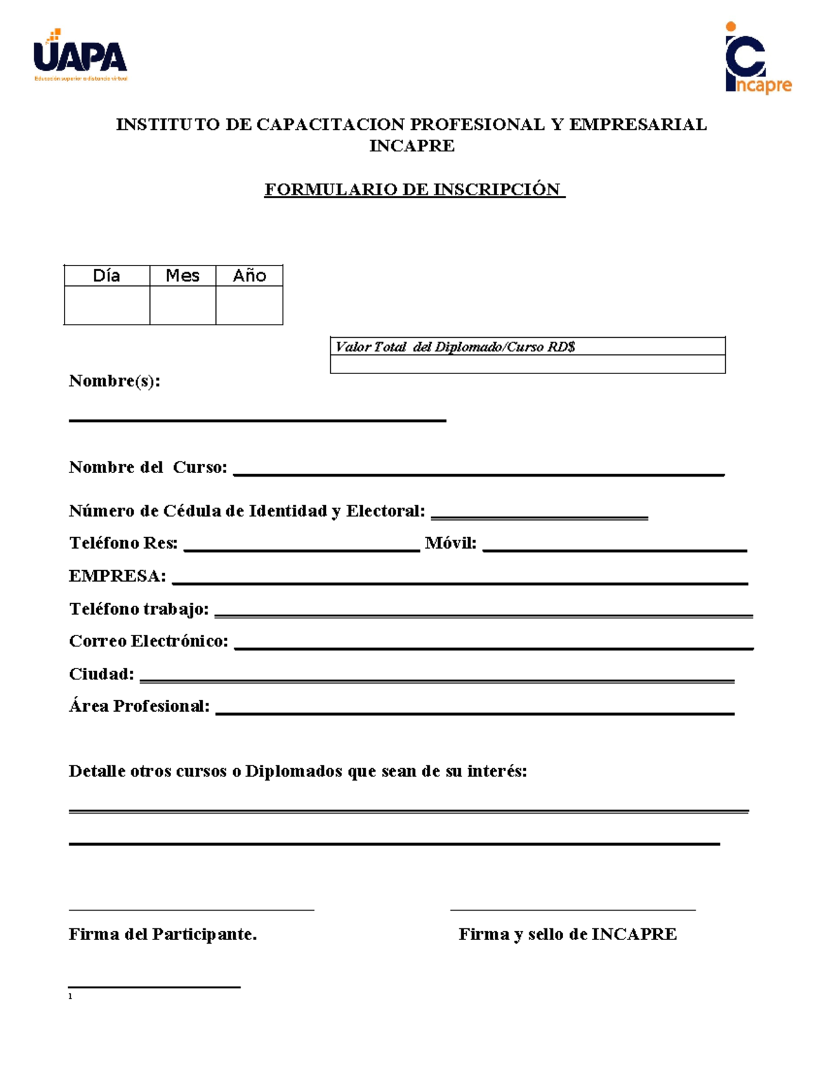Formulario DE Inscripcion - INSTITUTO DE CAPACITACION PROFESIONAL Y ...