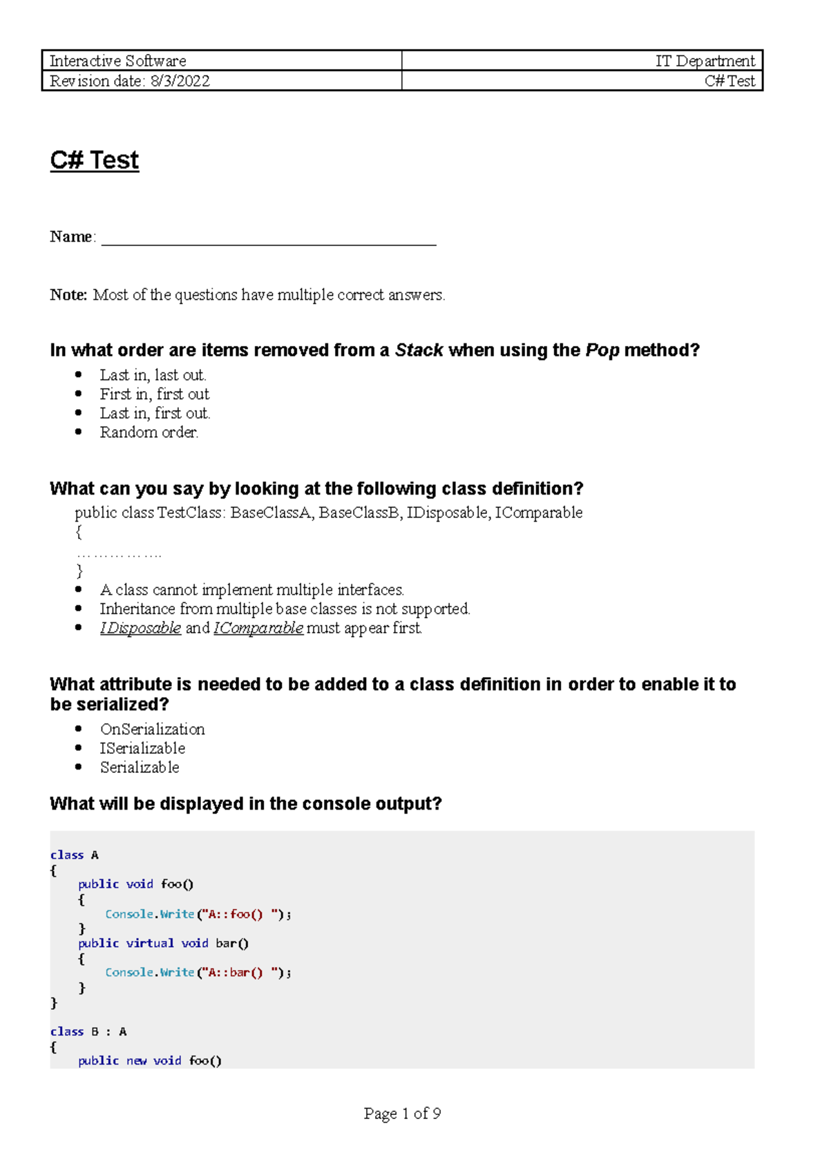 Test C Sharp 2015 and Share Point 2013 - Revision date: 8/3/2022 C ...