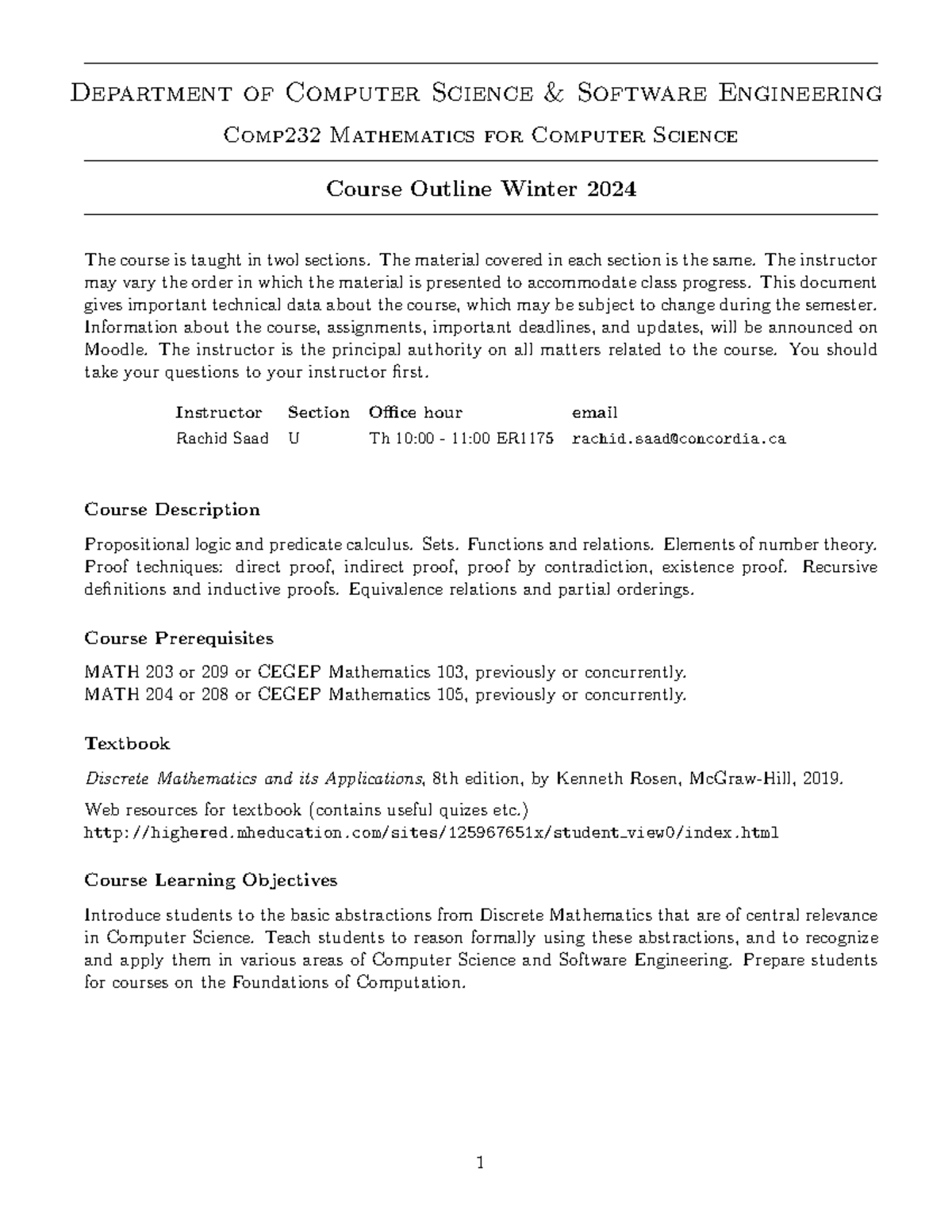 Outline 232 - Department of Computer Science & Software Engineering Comp232 Mathematics for ...