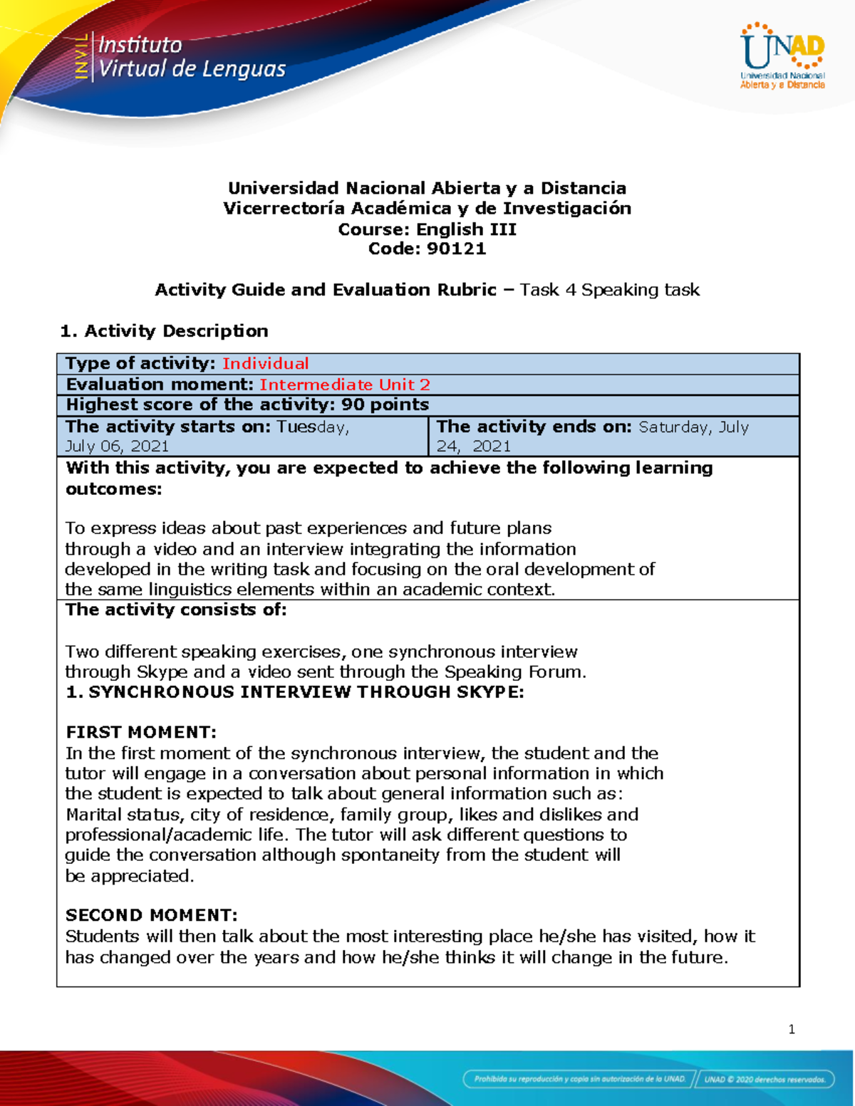 Task guide and evaluation rubric - Unit 2 -Task 4 - Speaking Task ...