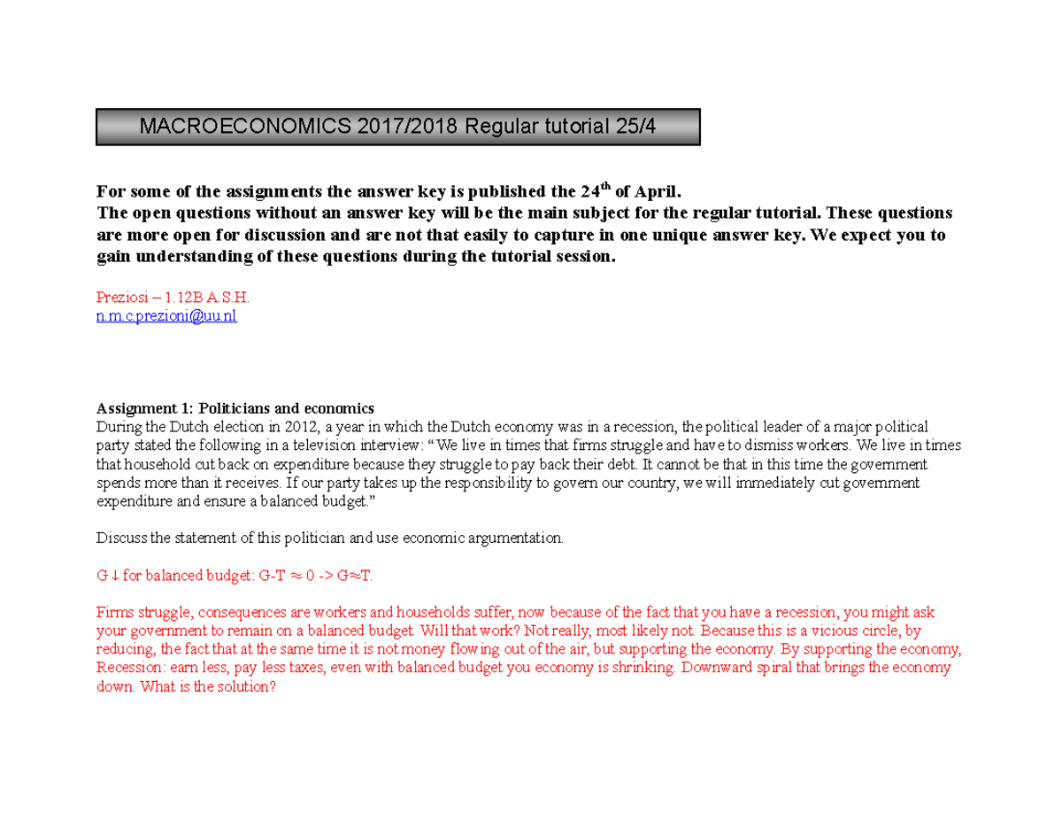 Tutorial week 1 (chapter 3) - MACROECONOMICS 2017/2018 Regular tutorial 25/4 For some of the ...