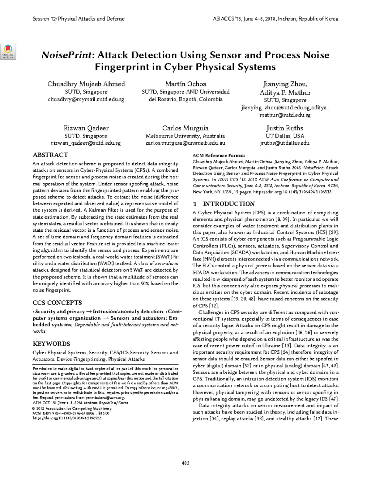 Noise Print Attack Detection Using Sensor and Process Noise Fingerprint in Cyber Physical ...