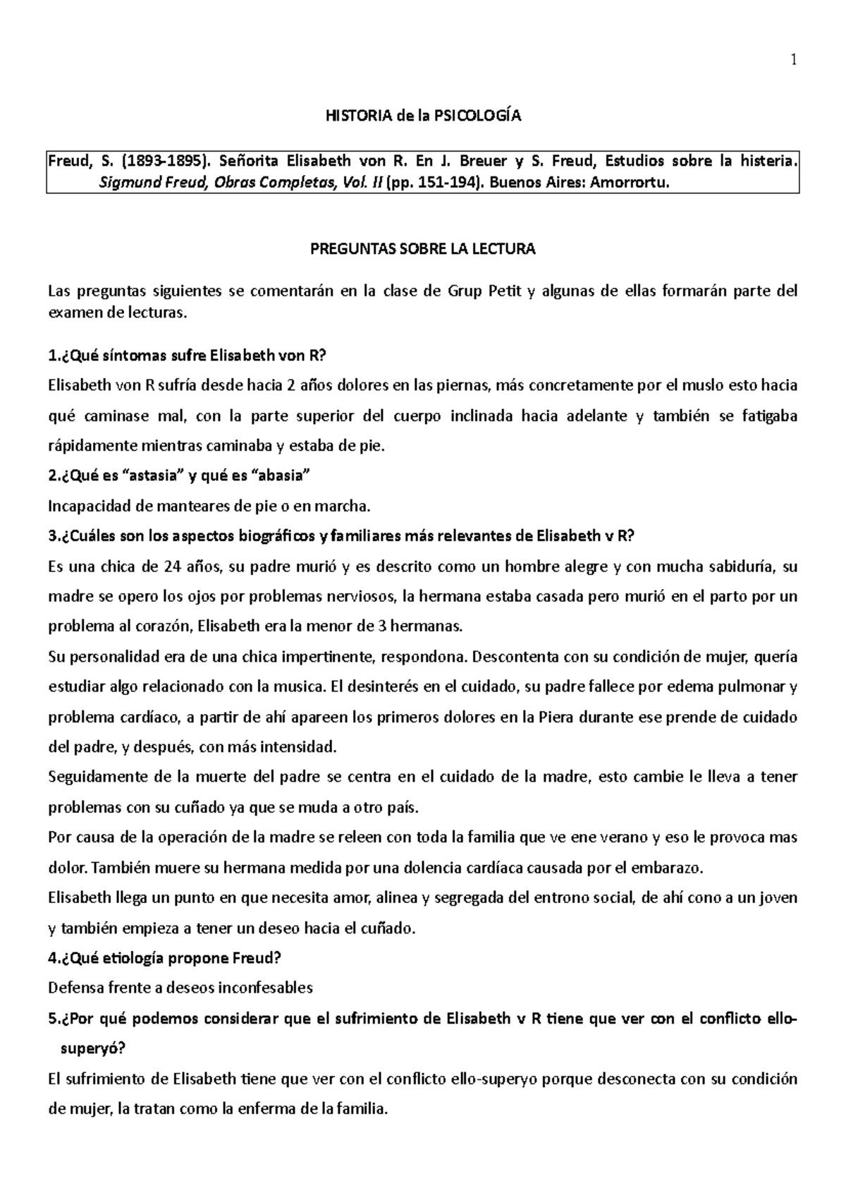 1 Freud Elisabeth von R - apuntes - 1 HISTORIA de la PSICOLOGÍA Freud ...
